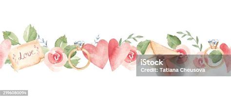 발렌타인 데이 결혼식 수평 수채화 완벽 한 테두리 패턴 공예 봉투 빈티지 편지 핑크 하트와 장미 및 다이아몬드 약혼 반지 수채화 손으로 그린 그림입니다 2월에 대한 스톡