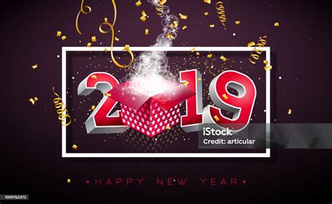 3d 타이포 그래피 레터링 선물 상자 검은 배경에 떨어지는 색종이와 2019 해피 뉴가 어 그림 전단 인사말 카드 축 하 파티 초대장 배너나 포스터 캘린더에 대 한 휴일