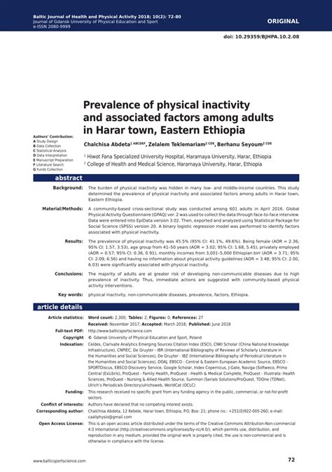 Pdf Prevalence Of Physical Inactivity And Associated Factors Among