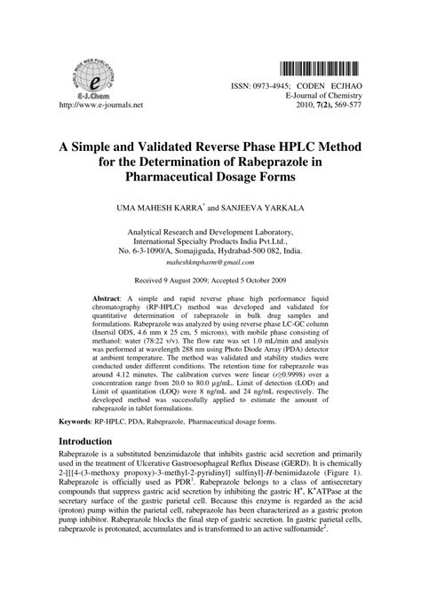 Pdf A Simple And Validated Reverse Phase Hplc Methodfor The Determination Of Rabeprazole