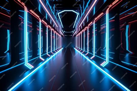 미래 도시 배경의 원근감 있는 추상 색상 네온 조명 보도 방향 Generative Ai 프리미엄 사진