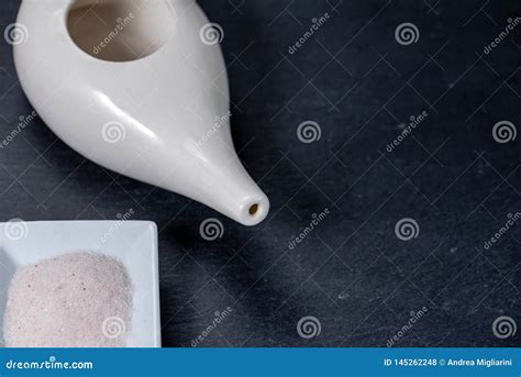 Set For Nasal Cleaning With Neti Pot Ayurvedic Medicine System On A Black Slate Top View Stock