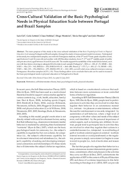 Pdf Cross Cultural Validation Of The Basic Psychological Needs In Physical Education Scale