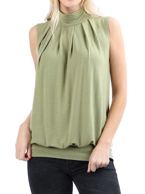 Thelovely Women Sleeveless Mock Turtleneck Pleated Top With Waistband
