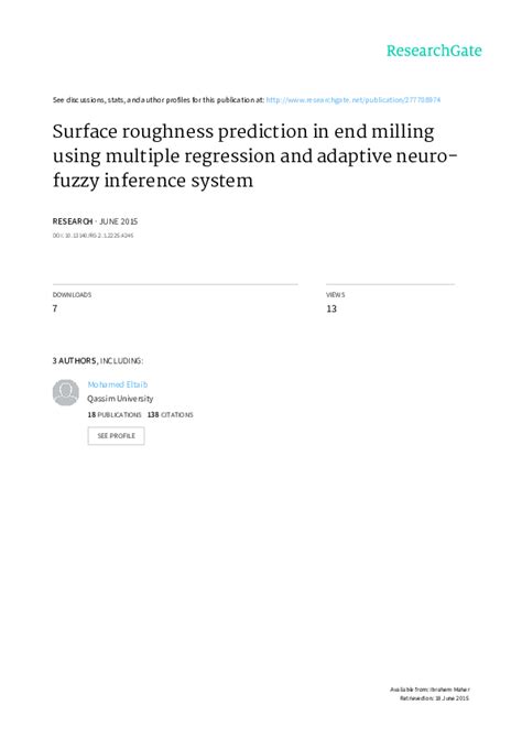 Pdf Surface Roughness Prediction In End Milling Using Multiple Regression And Adaptive Neuro