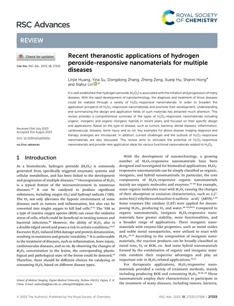 Pdf Recent Theranostic Applications Of Hydrogen Peroxide Responsive