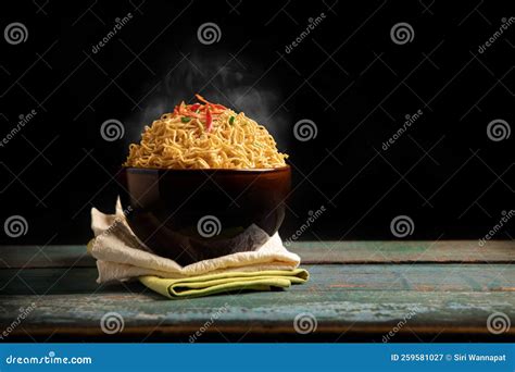 Bow Of Hot Boiled Instant Noodles With Stream On The Table Fast Food