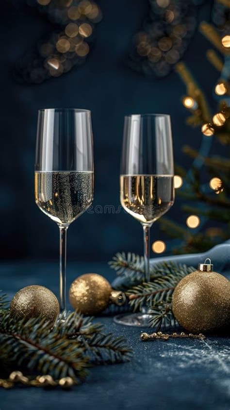 Elegant Festive Champagne Glasses With Christmas Baubles Stock