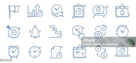 시간 달력 낙서 라인 아이콘이 설정되었습니다 손으로 그린 낙서 스케치 라인 스타일 비즈니스 시간 관리 프로젝트 마감 개념 알람 시계 달력 스톱워치 귀여운 요소 벡터 24에