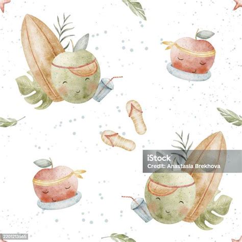 패턴 과일 사과 서핑 보드 풍선 원 몬스테라 잎 야자수 바나나 완벽 한 수채화 아동 인쇄 일러스트레이션 디자인 섬유 직물 옷 벽지 카드에 손으로 그린 0명에 대한 스톡 벡터