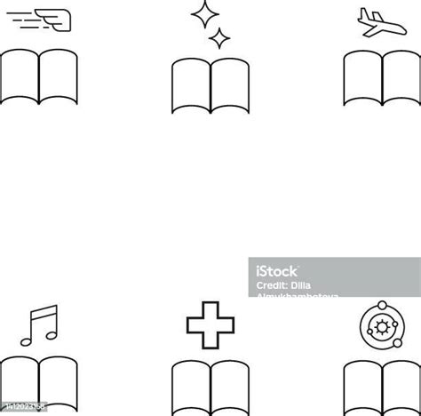 책 소설 및 독서 개념 플랫 스타일의 벡터 일러스트레이션입니다 편집 가능한 획 날개 별 비행기 의료 십자가 음표 행성의 아이콘을 포함한 라인 아이콘 세트 0명에 대한 스톡