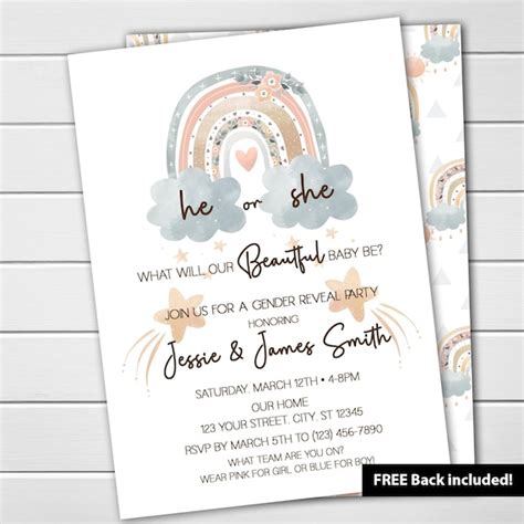 EDITABLE Boho Rainbow Neutral Gender Reveal Invitations Digital