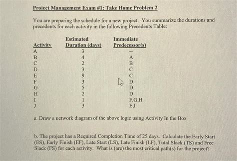 Solved Project Management Exam \#1: Take Home Problem 2 You | Chegg.com