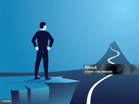 뒷모습 절벽 가장자리에 서 있는 자신감 있는 사업가 그의 목표를 달성하기 위해 그 앞에 있는 긴 여행 도로를 멀리 바라보며 벡터