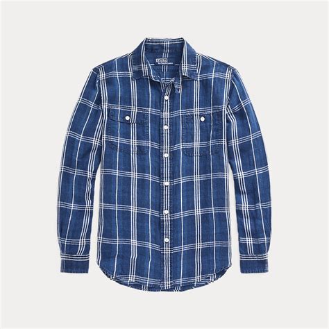 Polo Ralph Lauren Classic Fit Indigo Plaid Linen Workshirt In Blue