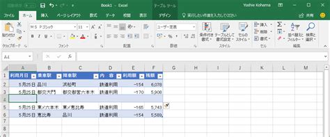 Excel 2016：テーブル内で行や列を挿入するには