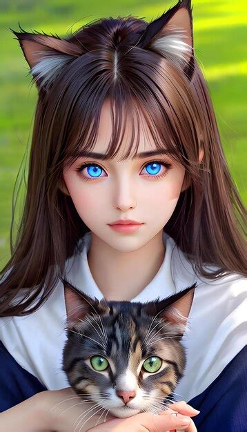 Premium Ai Image Beautiful Girls Love Cat With Beautiful Background