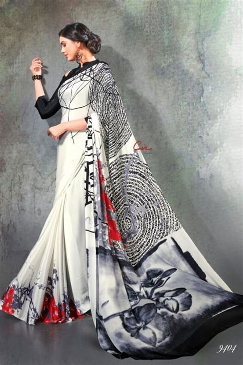 White Printed Ethnic Wear Crepe Printed Saree