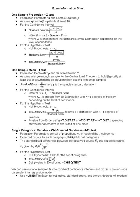 DDD Formula Sheet Exam Information Sheet One Sample Proportion Z test Population Parameter π