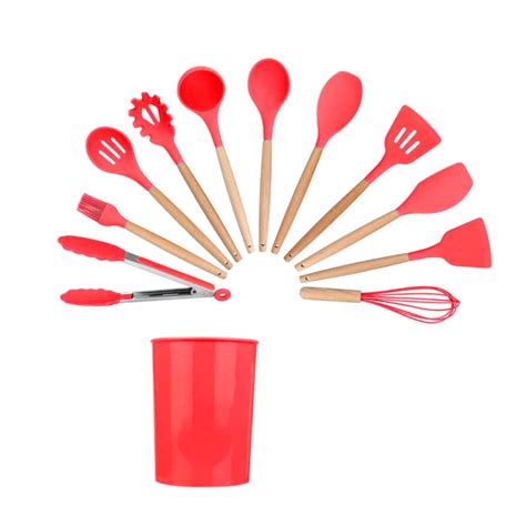 Set Ustensile Bucatarie 12 Piese Lemn Si Silicon Alimentar