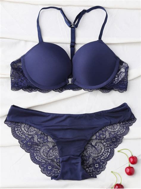 Racerback Metallic Lace Panel Bra Set In Cadetblue Zaful 2025