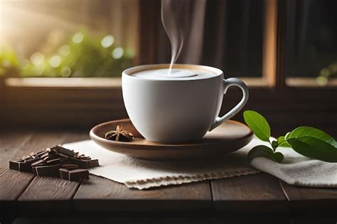 Premium Ai Image A Cup Of Hot Coffee On A Table With A Plant And A Book