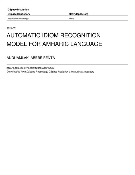 Automatic Idiom Recognition Model For Amharic Language Dspace Institution Dspace Repository