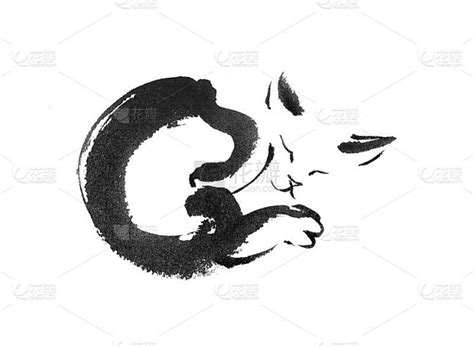 睡觉的小猫日本风格原创的sumi E水墨画。