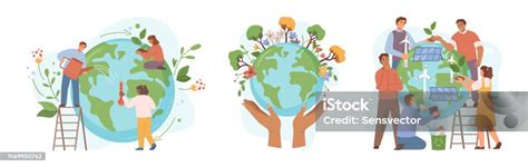 지구의 자연과 환경 건강 생물 다양성 및 녹지를 보존하고 돌봅니다 대체 에너지 및 식물 재배 사용 플랫 스타일의 벡터 행성 지구에 대한 스톡 벡터 아트 및 기타 이미지