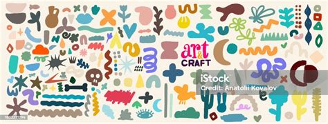 메가 세트 손으로 그린 순진하고 기괴한 다채로운 기하학적 모양과 형태 현대 템플릿 현대 인물 다양한 유기적 모양 낙서 개체 그래픽 요소 벡터 추상 일러스트 0명에 대한 스톡