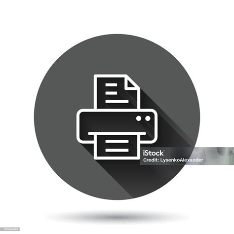 평면 스타일의 사무실 프린터 아이콘입니다 긴 그림자 효과와 검은 둥근 배경에 팩스 벡터 그림 텍스트 인쇄 서클 버튼 비즈니스