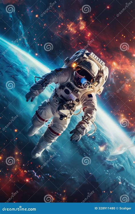 Astronaut Working in Zero Gravity Against Earth and Stars, Spaceman Floating Outside Space ...