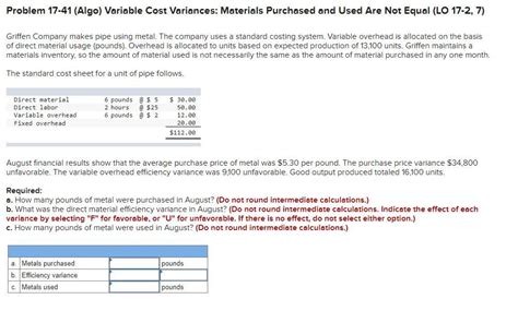 Solved Problem 17 41 Algo Variable Cost Variances