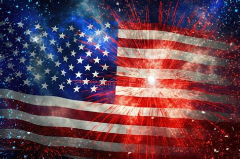 Independence Day Of Usa National American Flag And Fireworks Stock