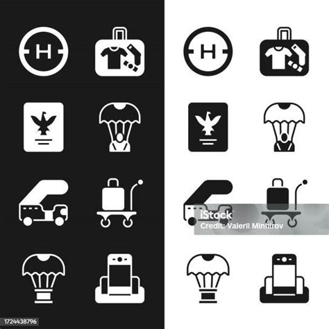 낙하산 여권 헬리콥터 착륙장 여행 가방 승객 사다리 트롤리 수하물 금속 탐지기 공항 및 낙하산 아이콘에 비행 상자를 설정합니다 벡터 가방에 대한 스톡 벡터 아트 및 기타