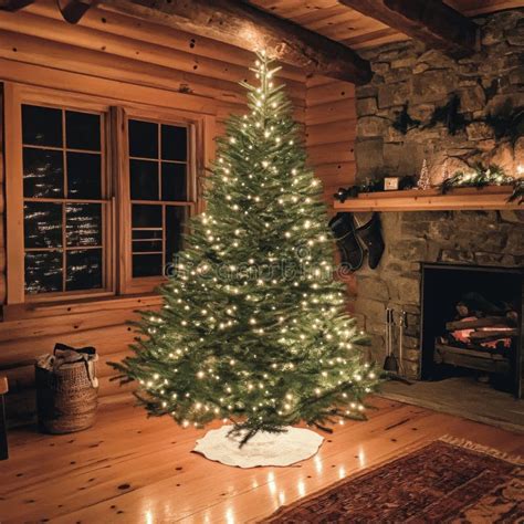 Decorated Christmas Tree In A Cozy Log Cabin Stock Illustration