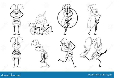 Set Of Black And White Cartoon Cockroach Characters In Various Action