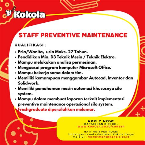 Lowongan Kerja November 2023 KOKOLA Staff Preventive Maintenance SCU