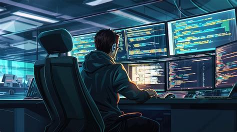 Young Programmer Working On Modern Multimonitor Workspace In Dark