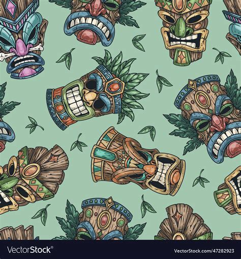 Polynesian Tiki Colorful Seamless Pattern Vector Image