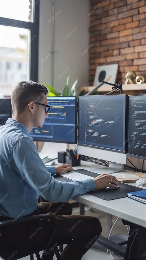 professional male programmer writing code on desktop computer with