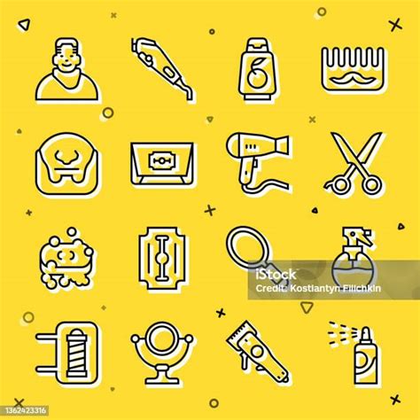 세트 라인 스프레이 헤어 스프레이 수 있습니다 미용사 권총 병 가위 미용사 샴푸 병 블레이드 면도기 콧수염과 수염 이발소와 건조기 아이콘클라이언트 벡터 가위에 대한 스톡