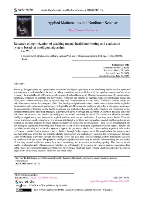 Pdf Research On Optimization Of Teaching Mental Health Monitoring And Evaluation System Based