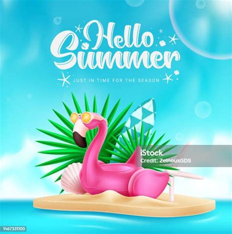 안녕하세요 여름 벡터 디자인입니다 섬 배경에 플라밍고 해변 요소가 있는 안녕하세요 여름 텍스트입니다 여름아 안녕에 대한 스톡 벡터 아트 및 기타 이미지 Istock