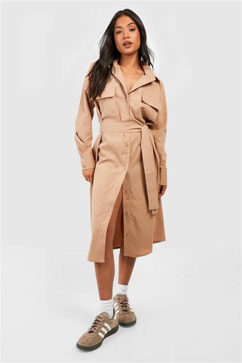 Petite Utility Belted Midi Shirt Dress Boohoo