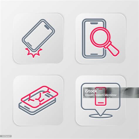 회선 전화 수리 서비스 깨진 화면이 있는 모바일 및 충격 방지 전화 아이콘을 설정합니다 벡터 Brand Name Smart Phone에 대한 스톡 벡터 아트 및 기타 이미지