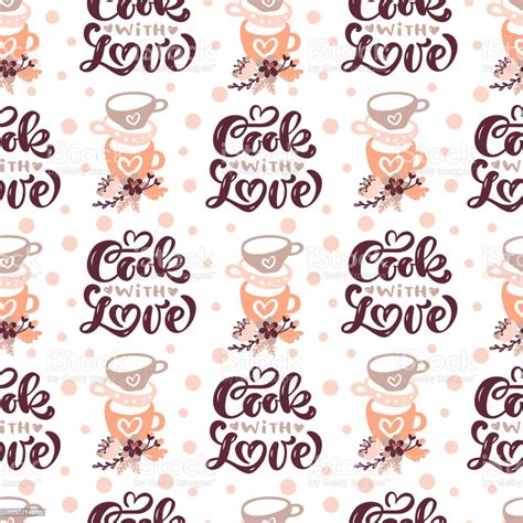 요리 도구와 서예 텍스트 와 원활한 패턴 사랑 쿡 꽃과 함께 집에서 만든 식사 준비를위한 부엌 기구와 배경 직물 인쇄 포장지를위한 플랫 스타일의 벡터 일러스트레이션 오븐에