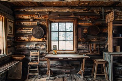 Premium Photo A Rustic Log Cabin With A Table And Stools