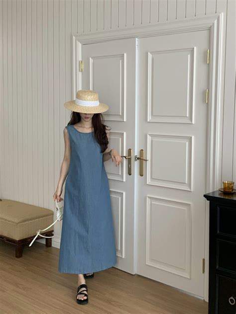 쏭룸 color 드랍 데님 청 나시 롱원피스
