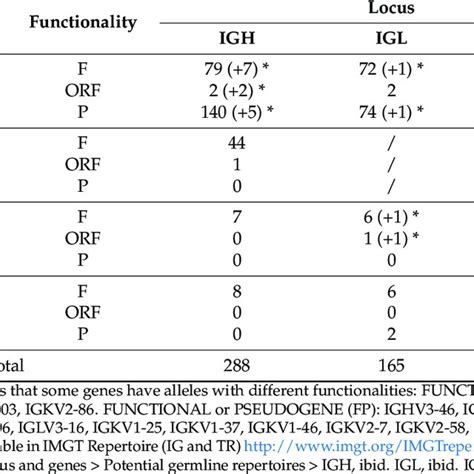 Number Of V D J And C Genes Per Functionality In The Igh Igk And Download Scientific